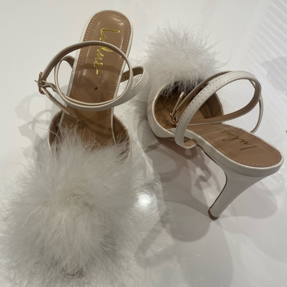 White Feather Trim Ankle Wrap Heels - Gem